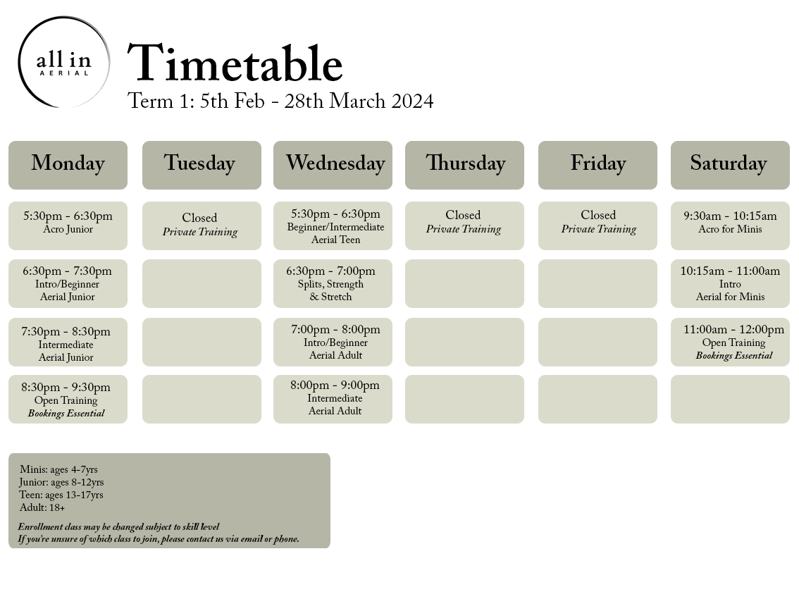 Timetable — All In Aerial
