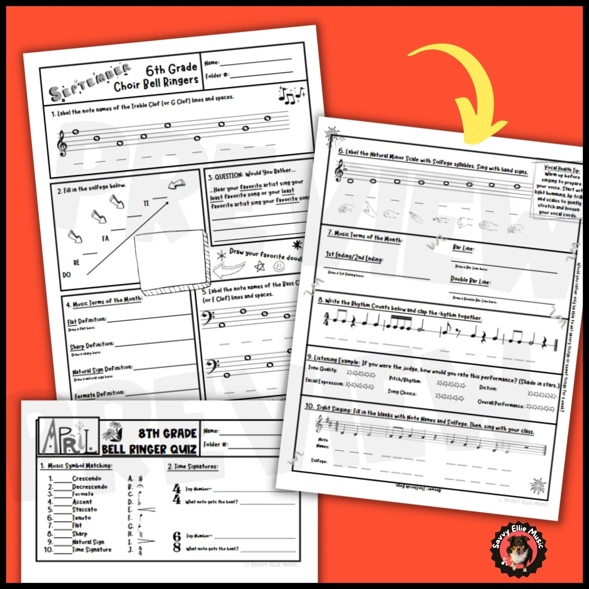 Middle School Choir Bell Ringer Curriculum Monthly Worksheets & Quizzes ...