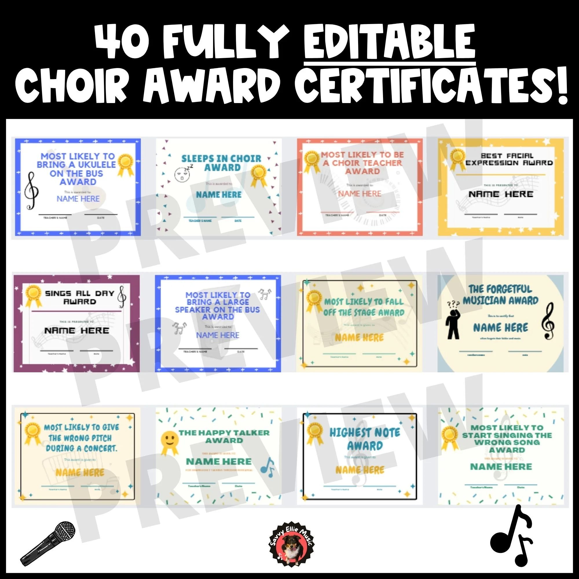 Choir Superlative Award Certificates - 40 Editable, Fun Singing Awards ...