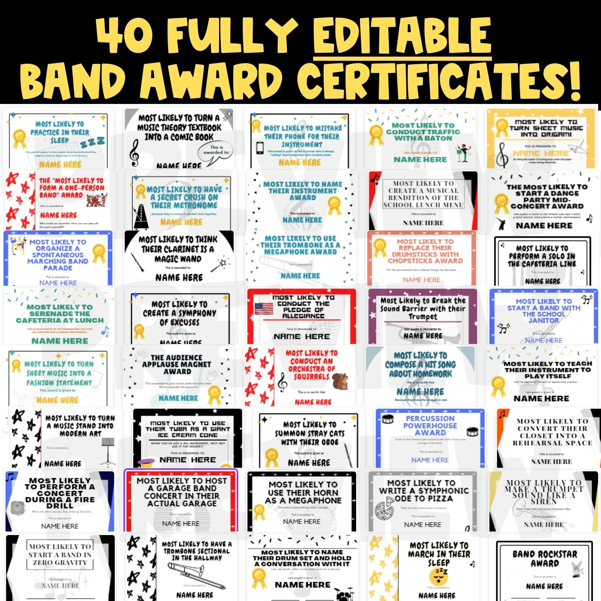 Band Superlative Award Certificates - 40 Editable, Fun Music Awards ...