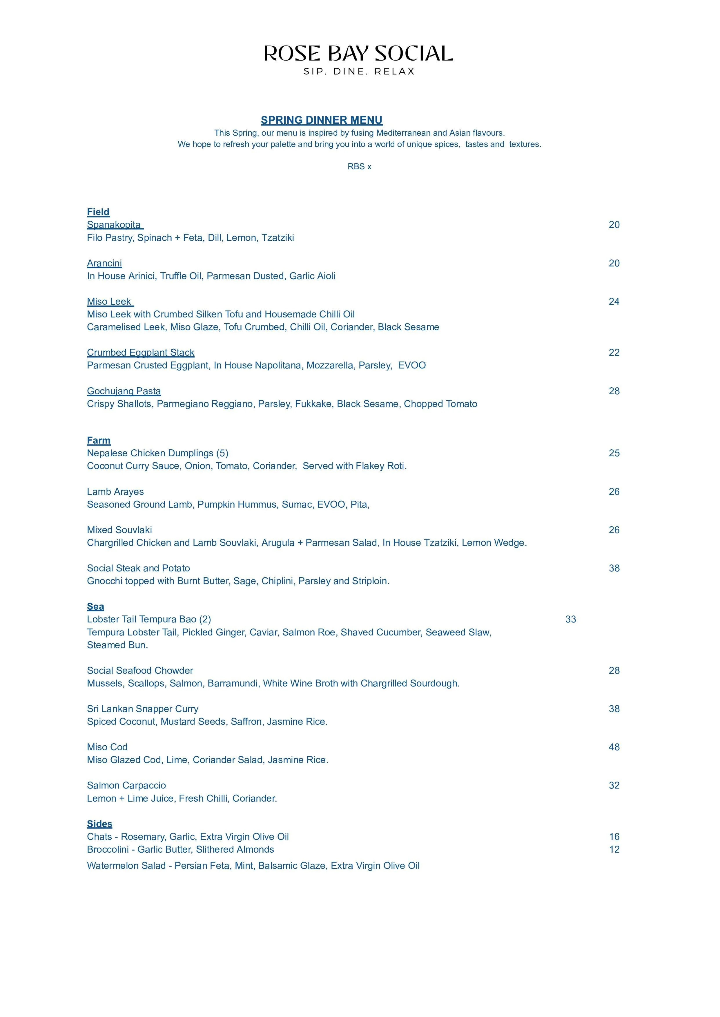 Menu — Rose Bay Social