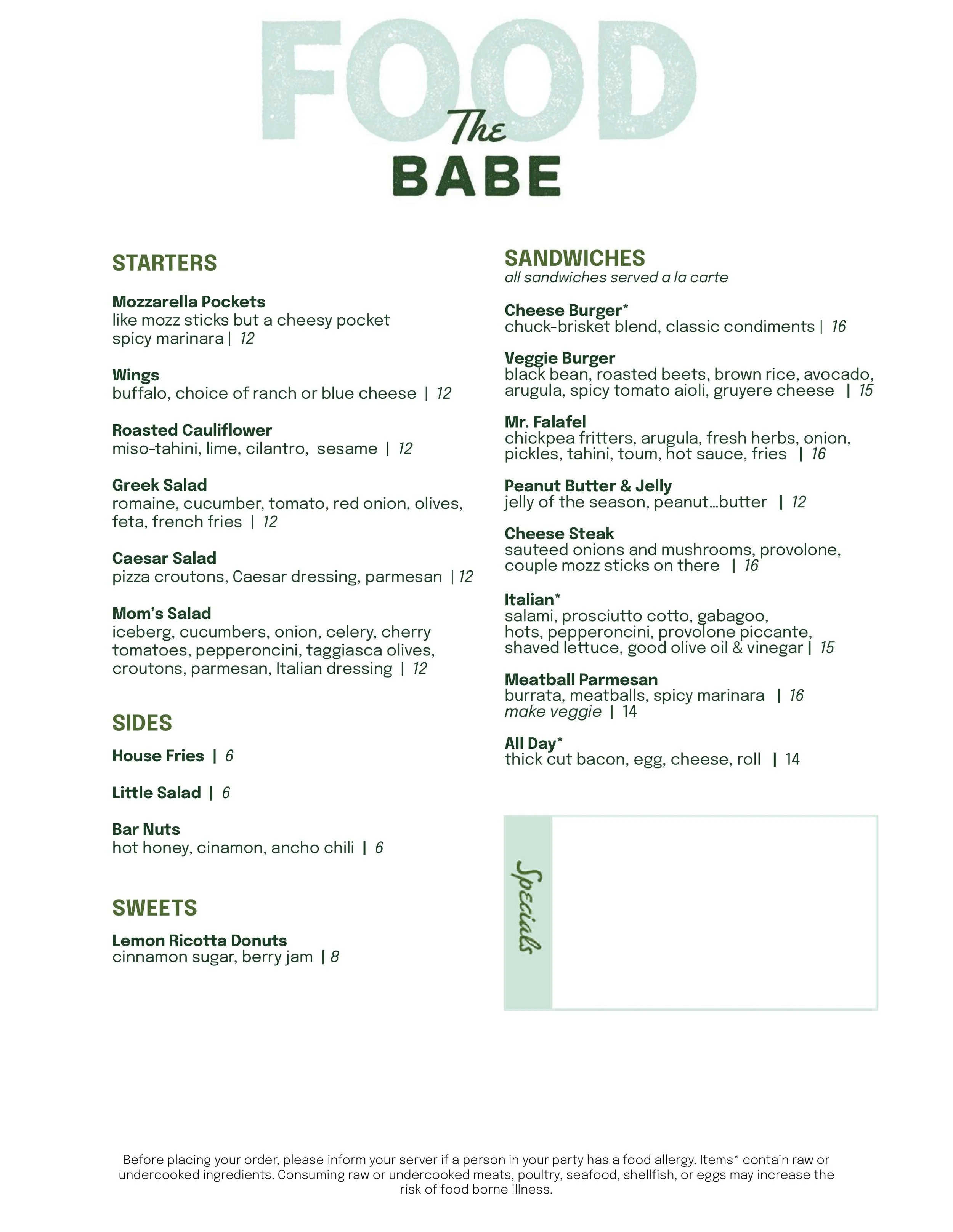 Menu — The Babe Salem