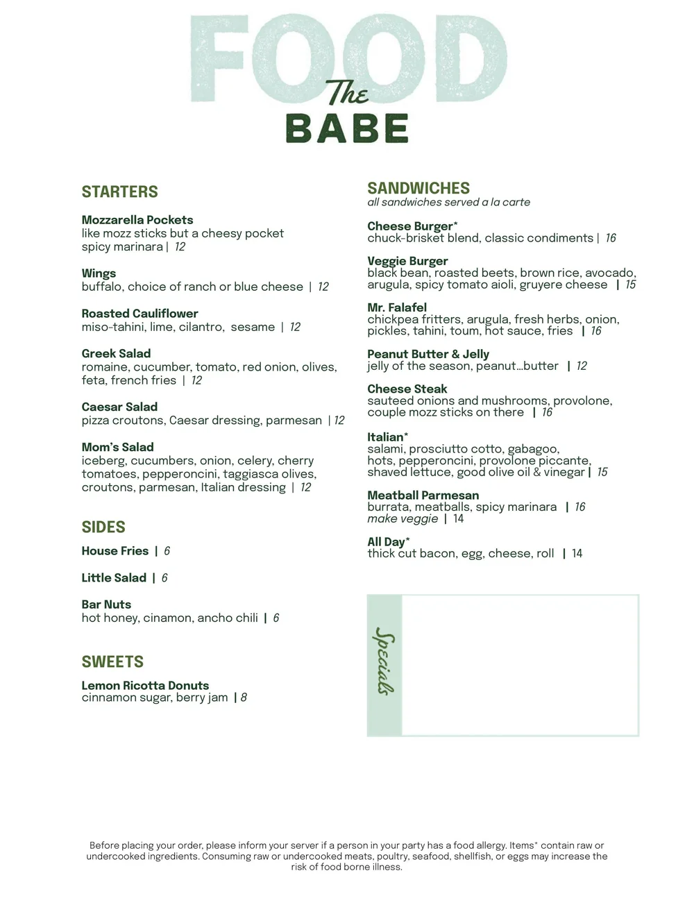 Menu — The Babe Salem