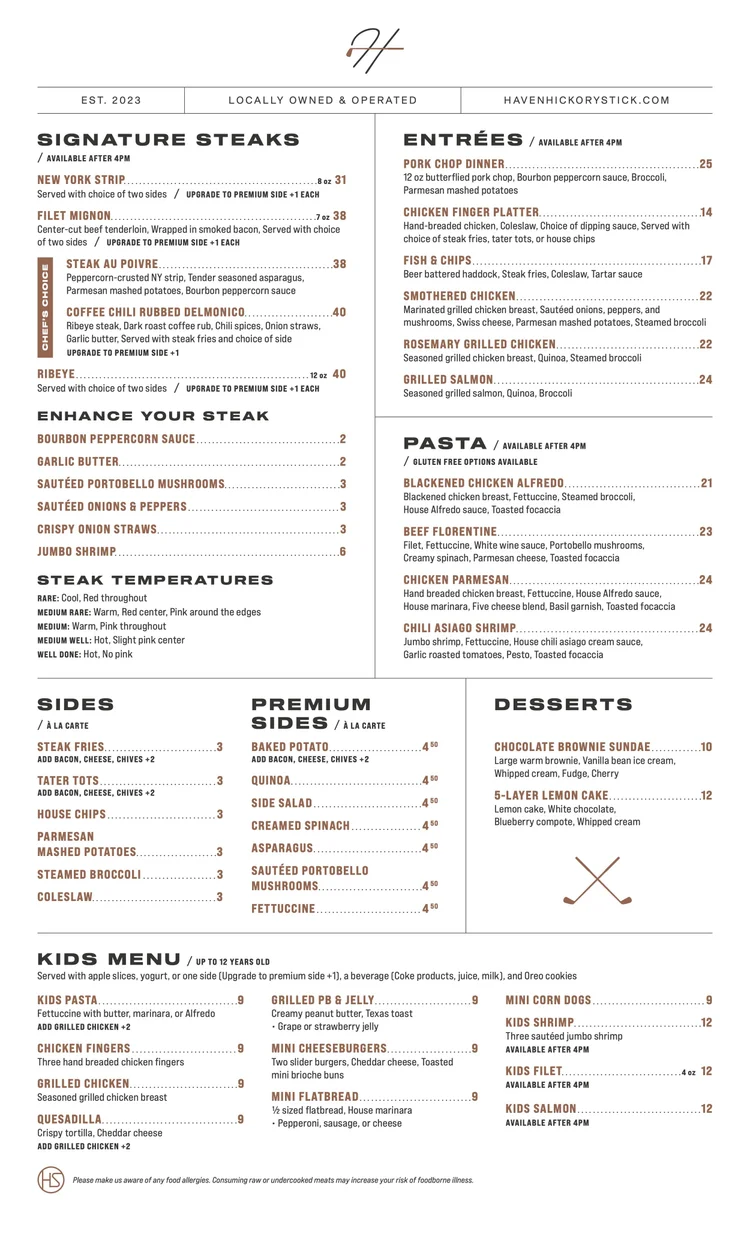 Menu — The Haven @ Hickory Stick
