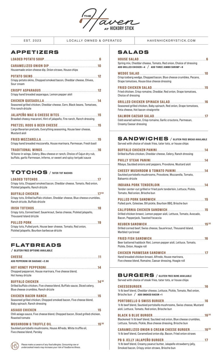 Menu — The Haven @ Hickory Stick