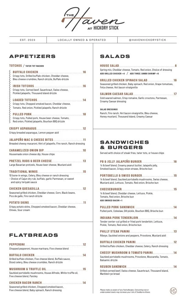 Menu — The Haven @ Hickory Stick