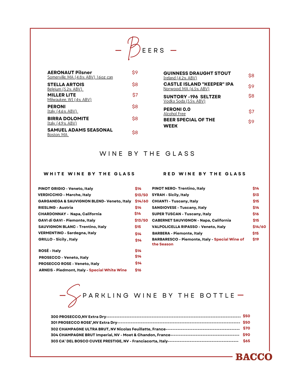 Menu — Bacco Ristorante & Bar