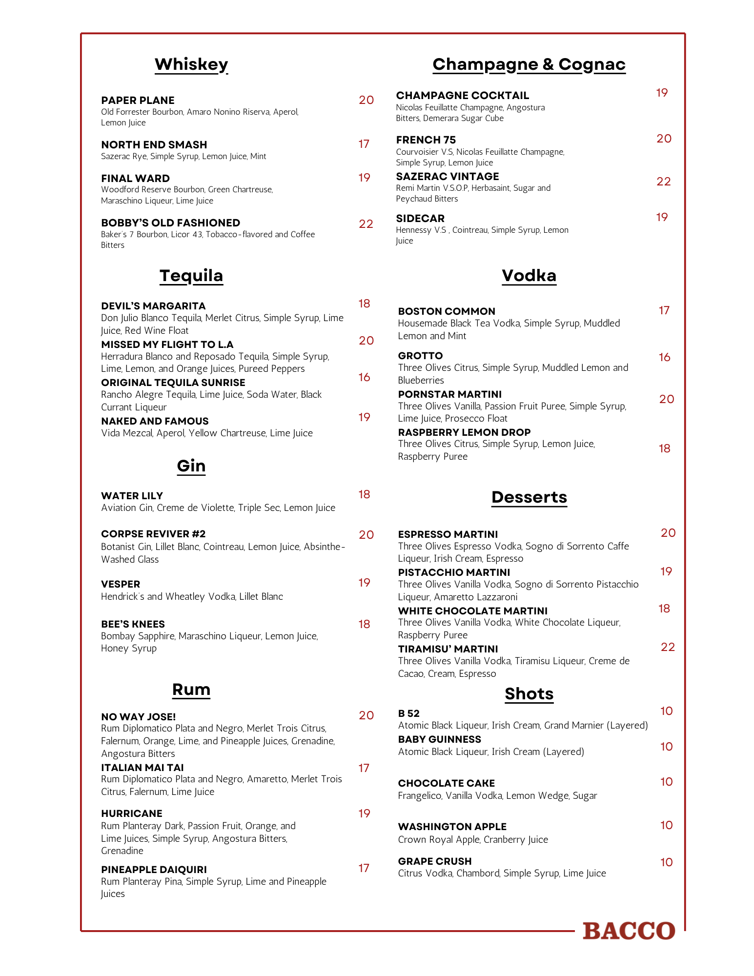 Menu — Bacco Ristorante & Bar