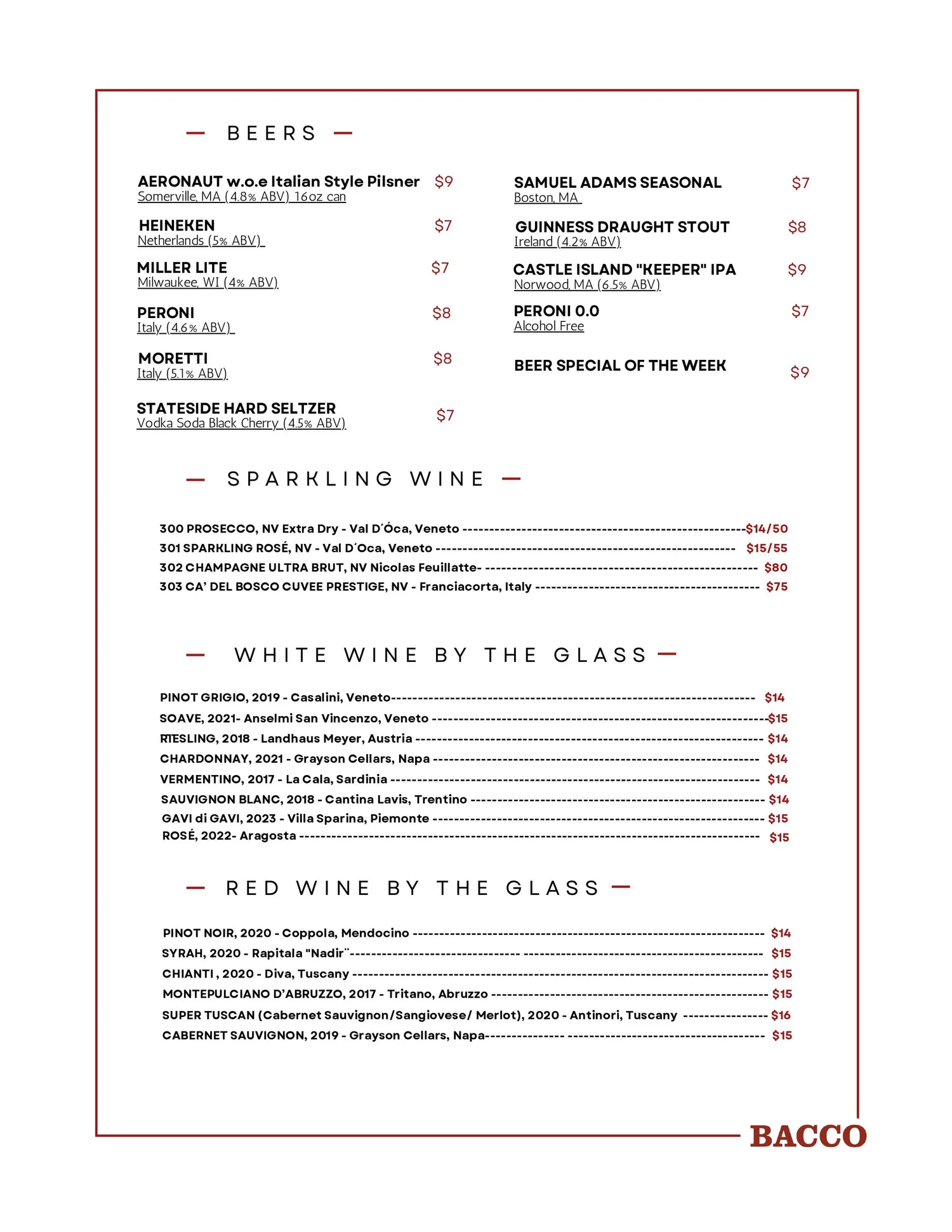 Menu — Bacco Ristorante & Bar