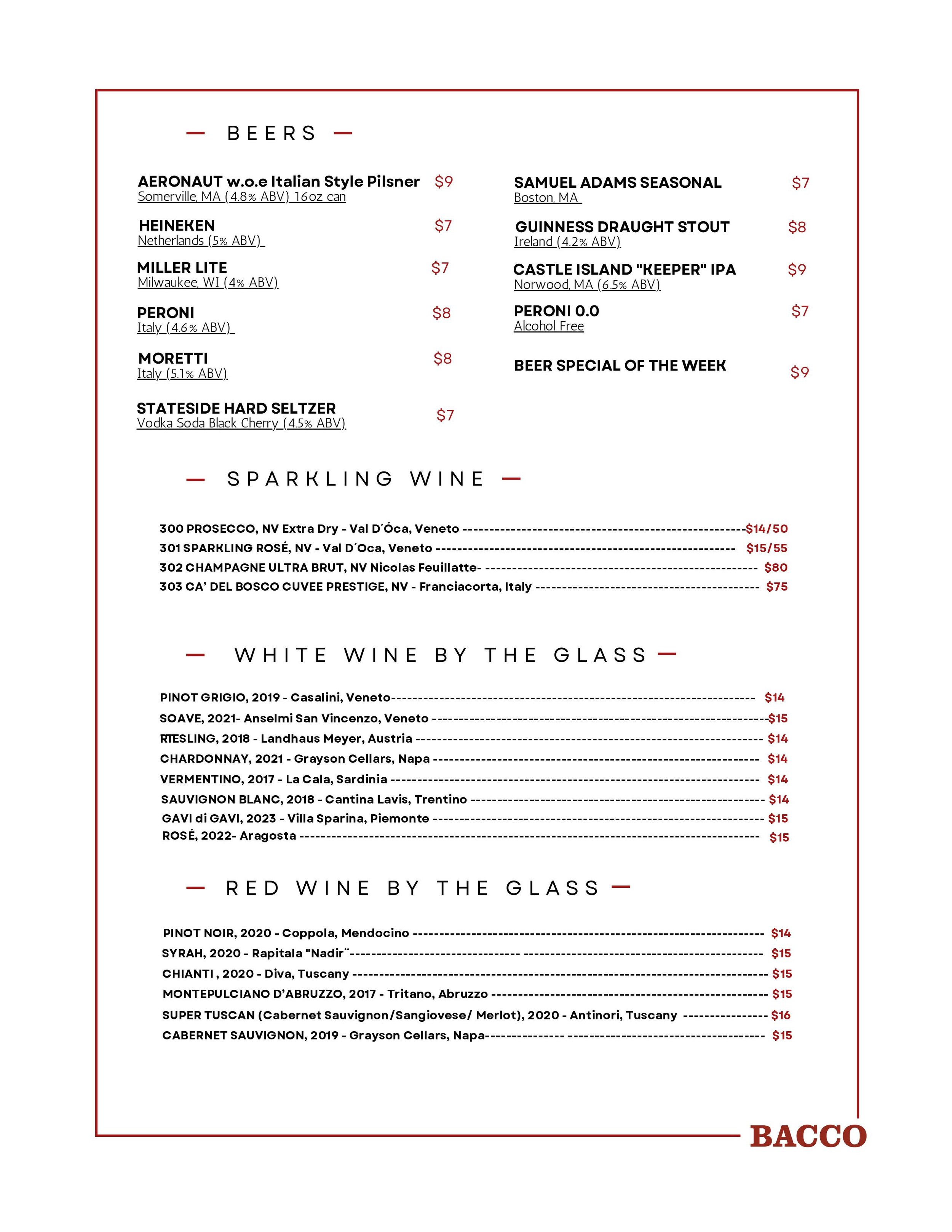 Menu — Bacco Ristorante & Bar