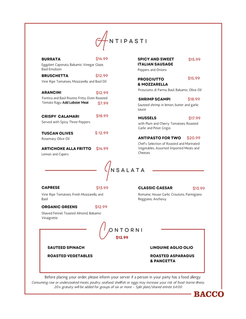 Menu — Bacco Ristorante & Bar