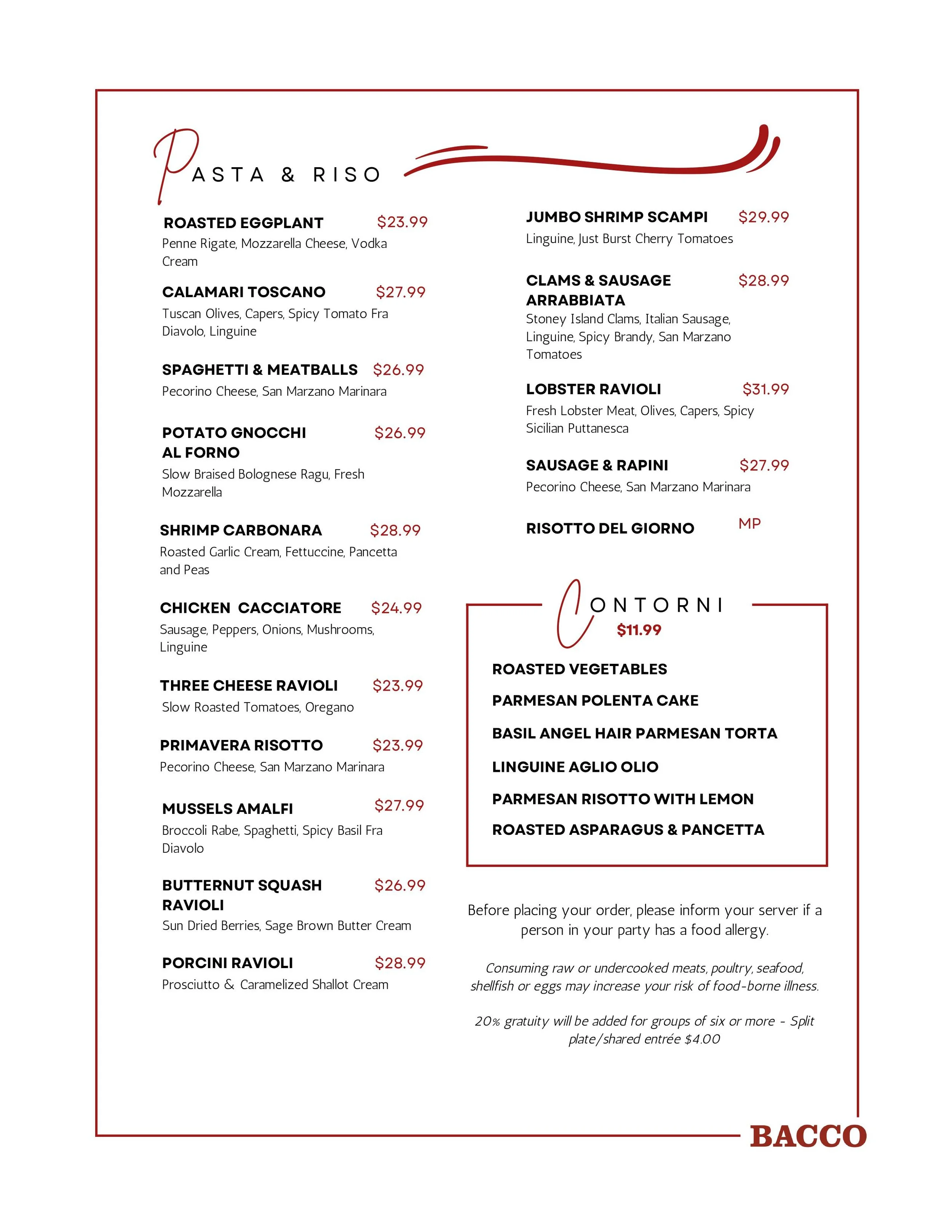 Menu — Bacco Ristorante & Bar