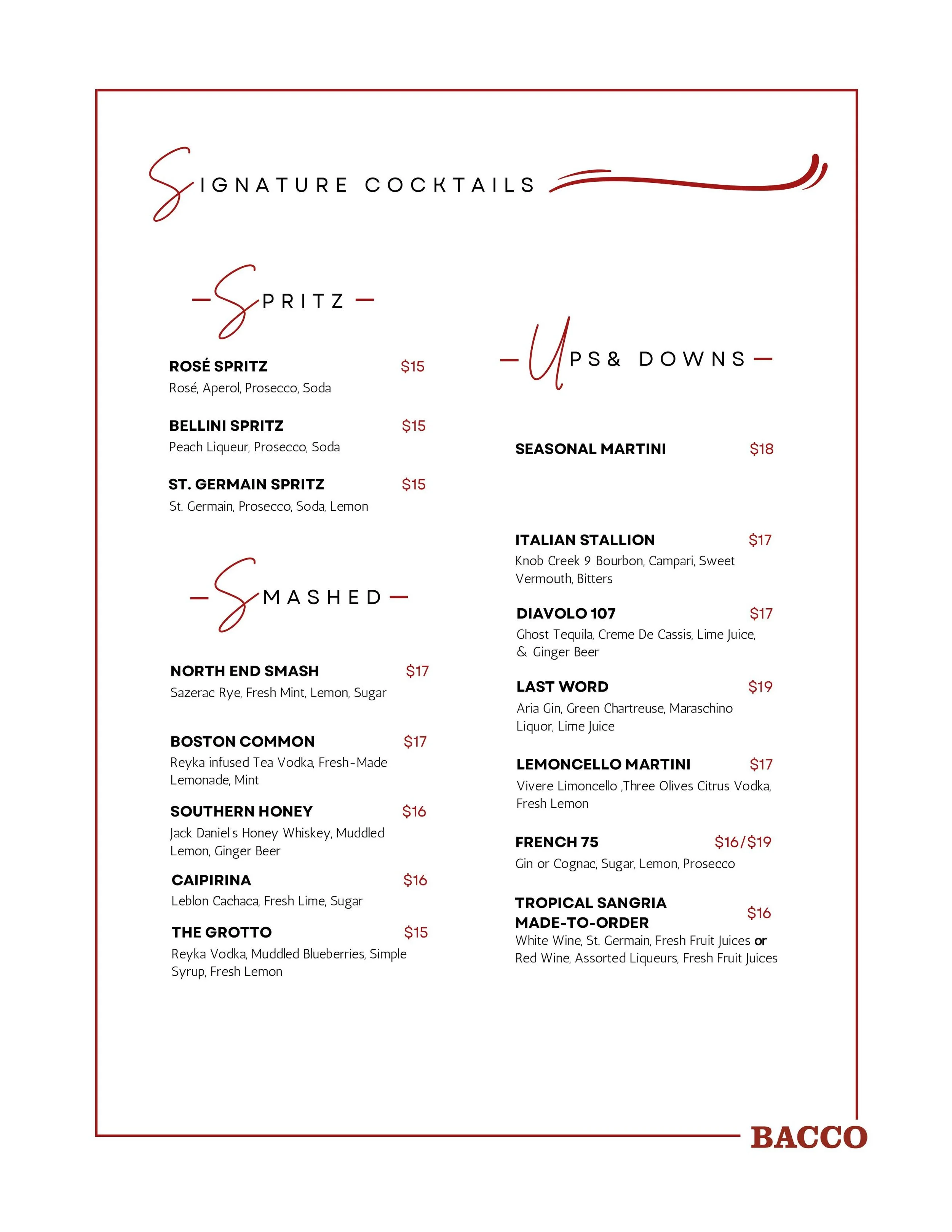 Menu — Bacco Ristorante & Bar