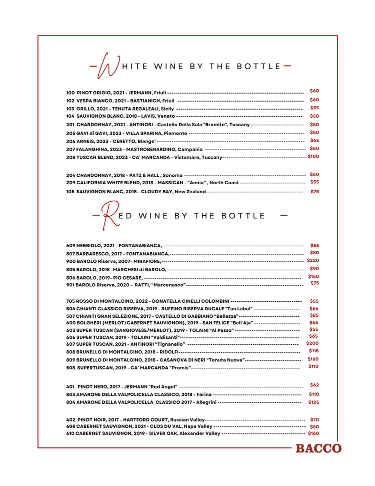 Menu — Bacco Ristorante & Bar
