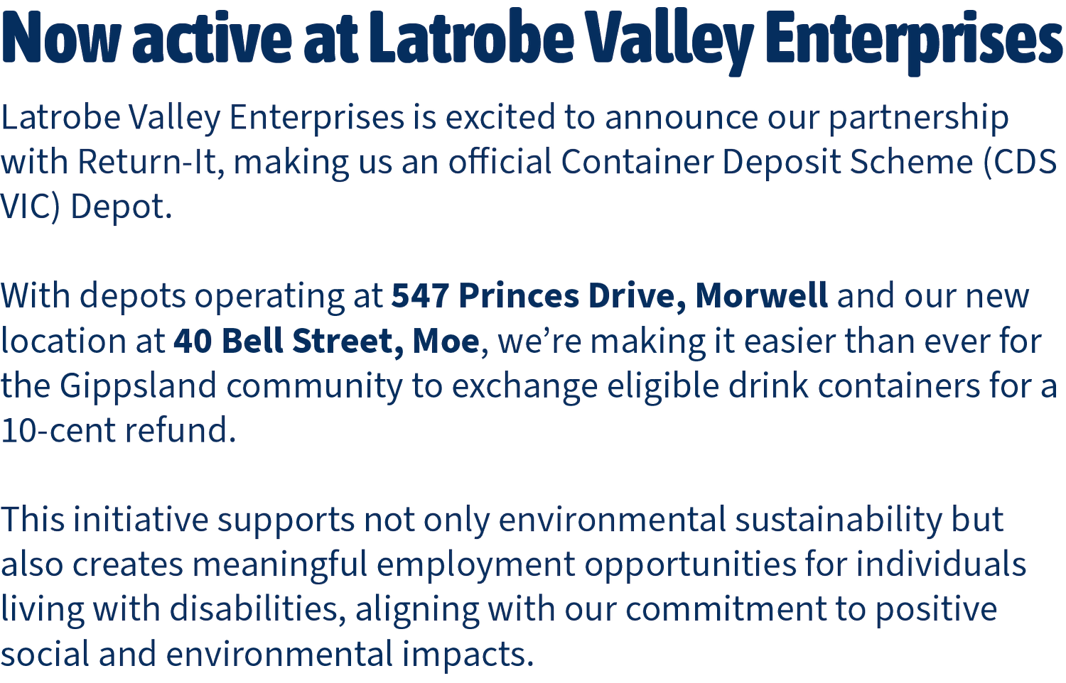 Victoria's Container Deposit Scheme (CDS Vic) — Latrobe Valley Enterprises