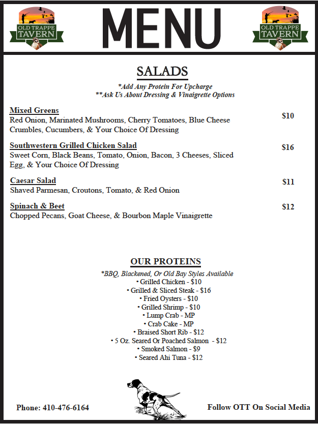 Menus | Tavern Food | Trappe Maryland — Old Trappe Tavern