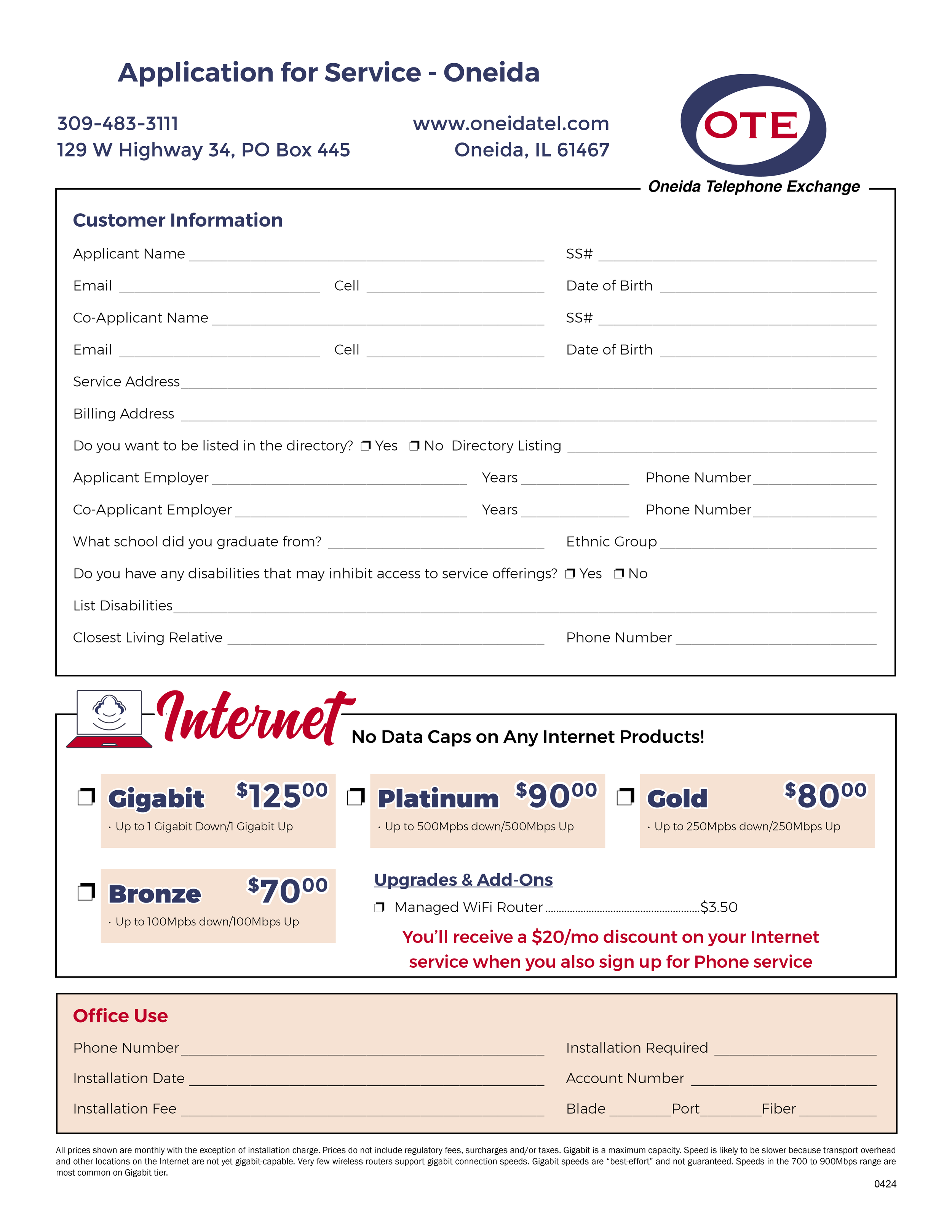 Pricing & Plans — Oneida Tel