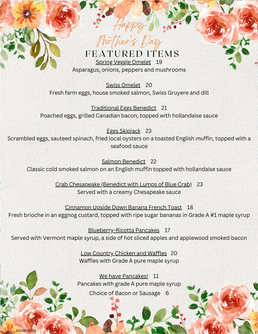 SPECIAL MENUS - fagers island ocean city — fagers island