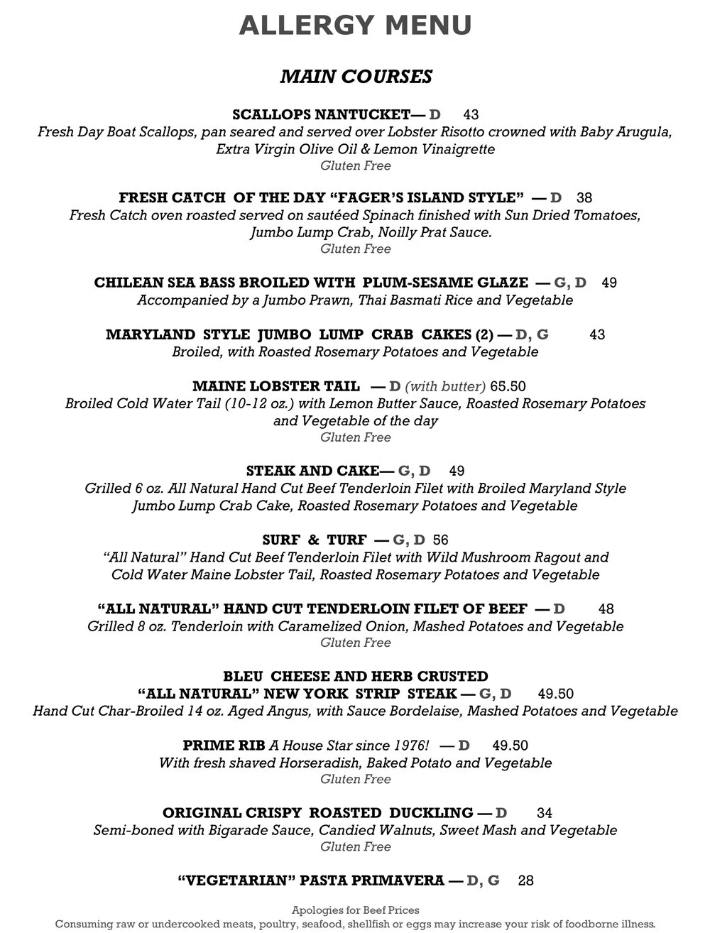 SPECIAL MENUS - fagers island ocean city — fagers island