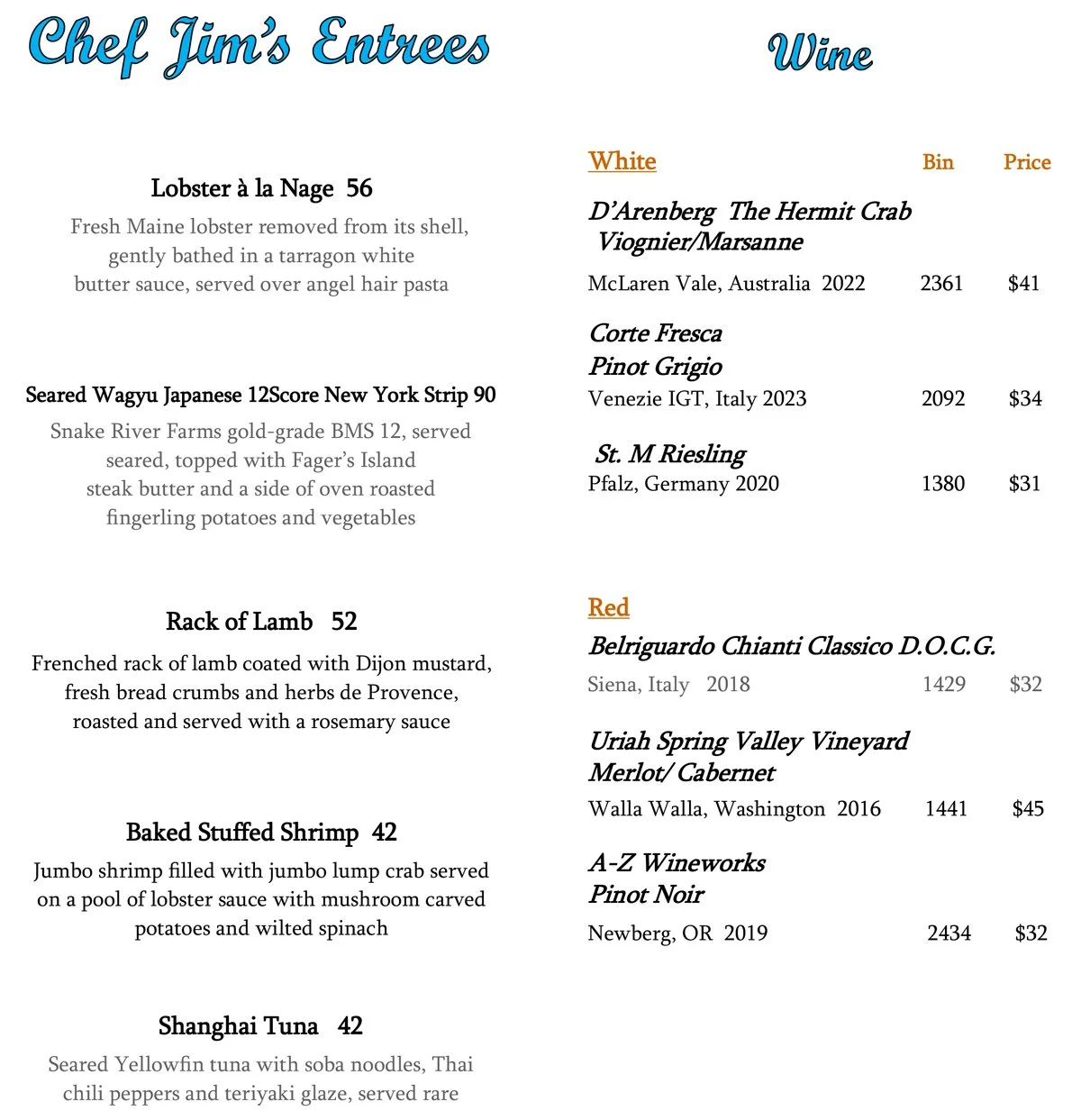 CHEF JIMS MENU — fagers island