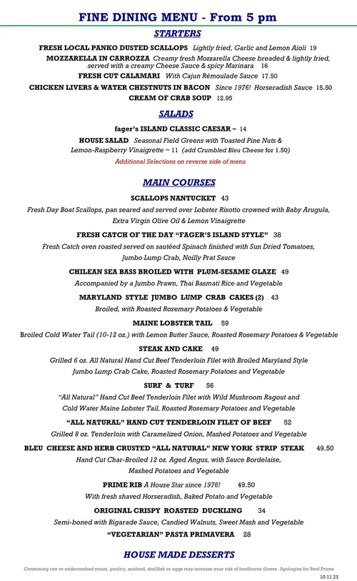 LITE FARE MENU - fagers island ocean city — fagers island