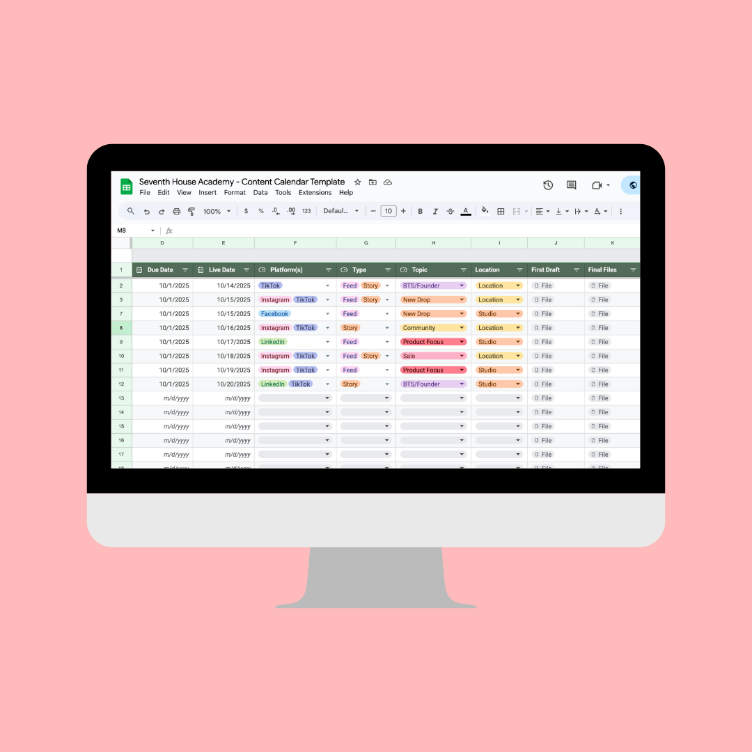 Content Calendar Template (Google Sheets) — Seventh House Marketing