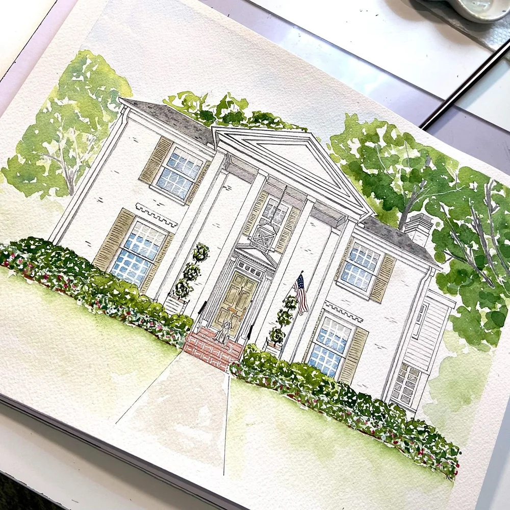 Custom Watercolor House Portraits | Dallas | Crescent Moon Calligraphy