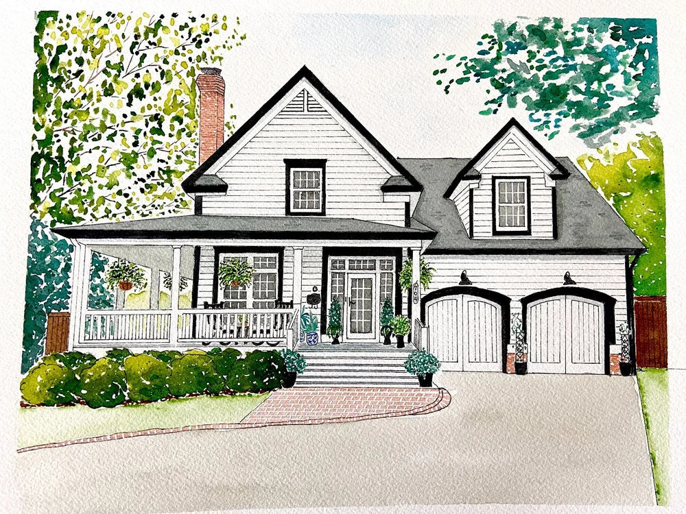 Custom Watercolor House Portraits | Dallas | Crescent Moon Calligraphy