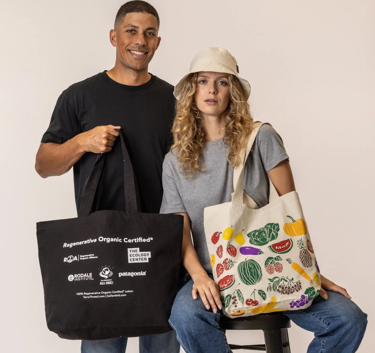Custom organic cotton clothing, bags, and aprons.