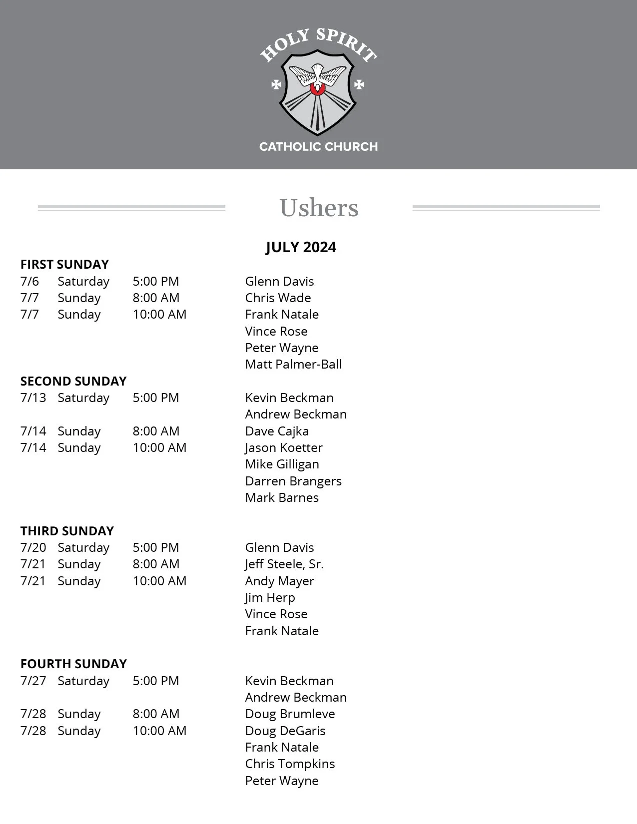 Usher Schedule — Holy Spirit Church & School Louisville - Catholic ...