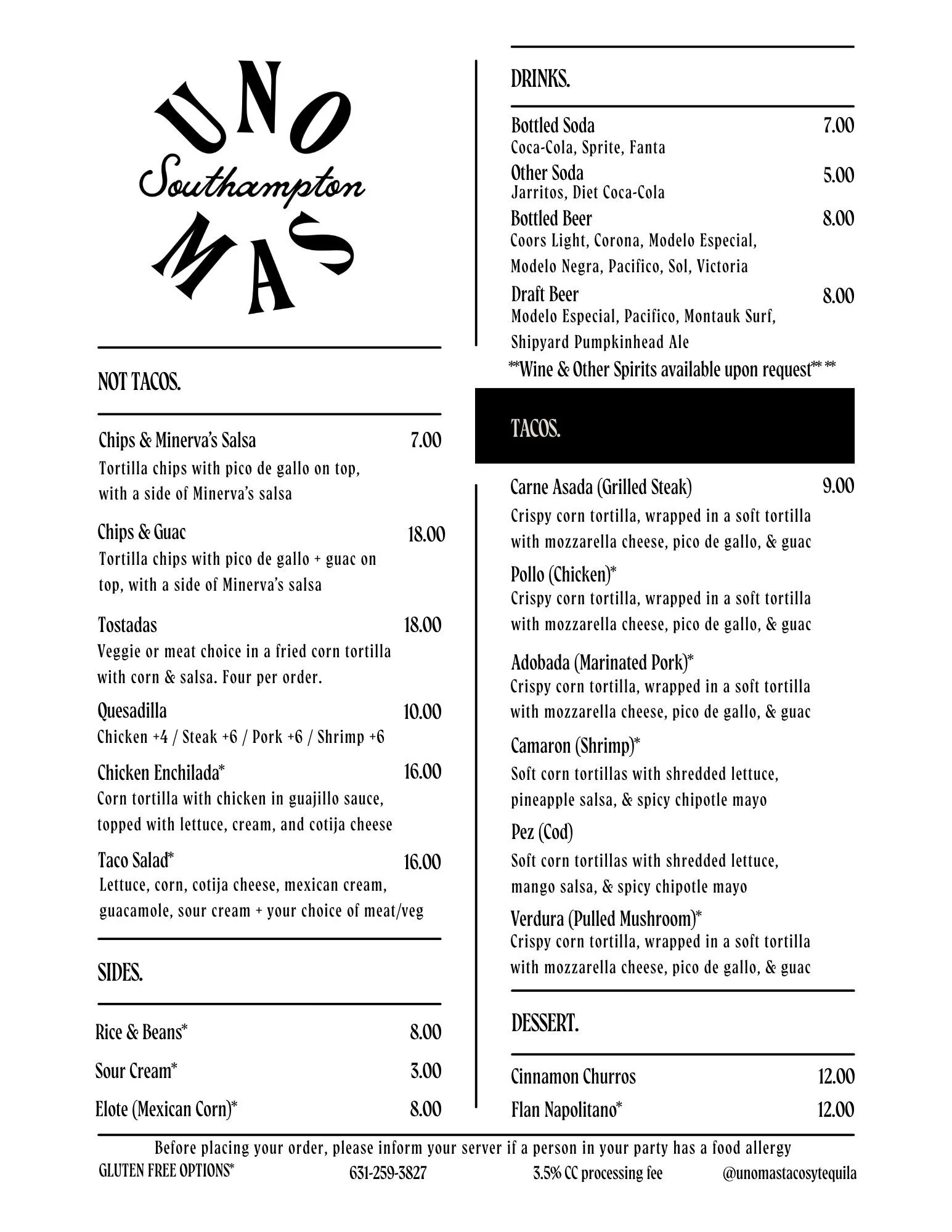 MENU — UNO MAS SOUTHAMPTON