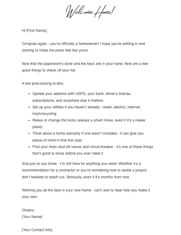 Post-Closing Email Template — Selling Social