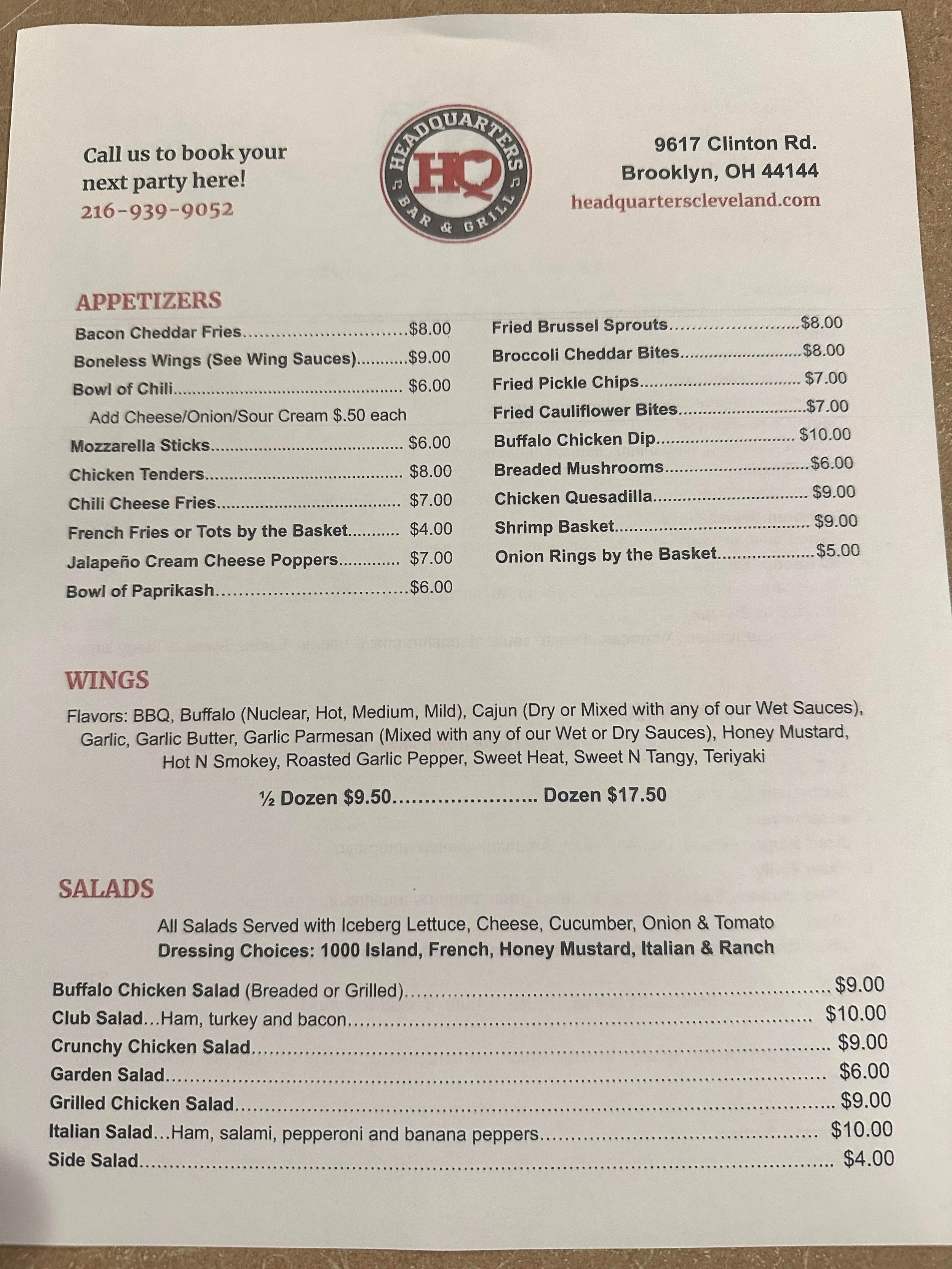 Menu — Headquarters Bar and Grill