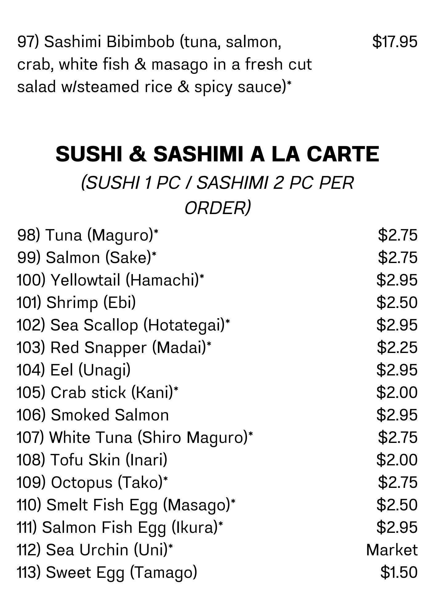 Menu — No. 1 Sushi Sushi