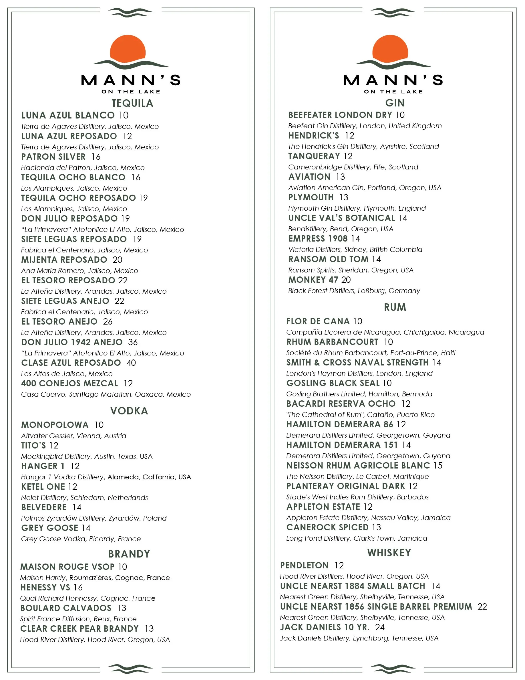 Menus — Mann's On The Lake