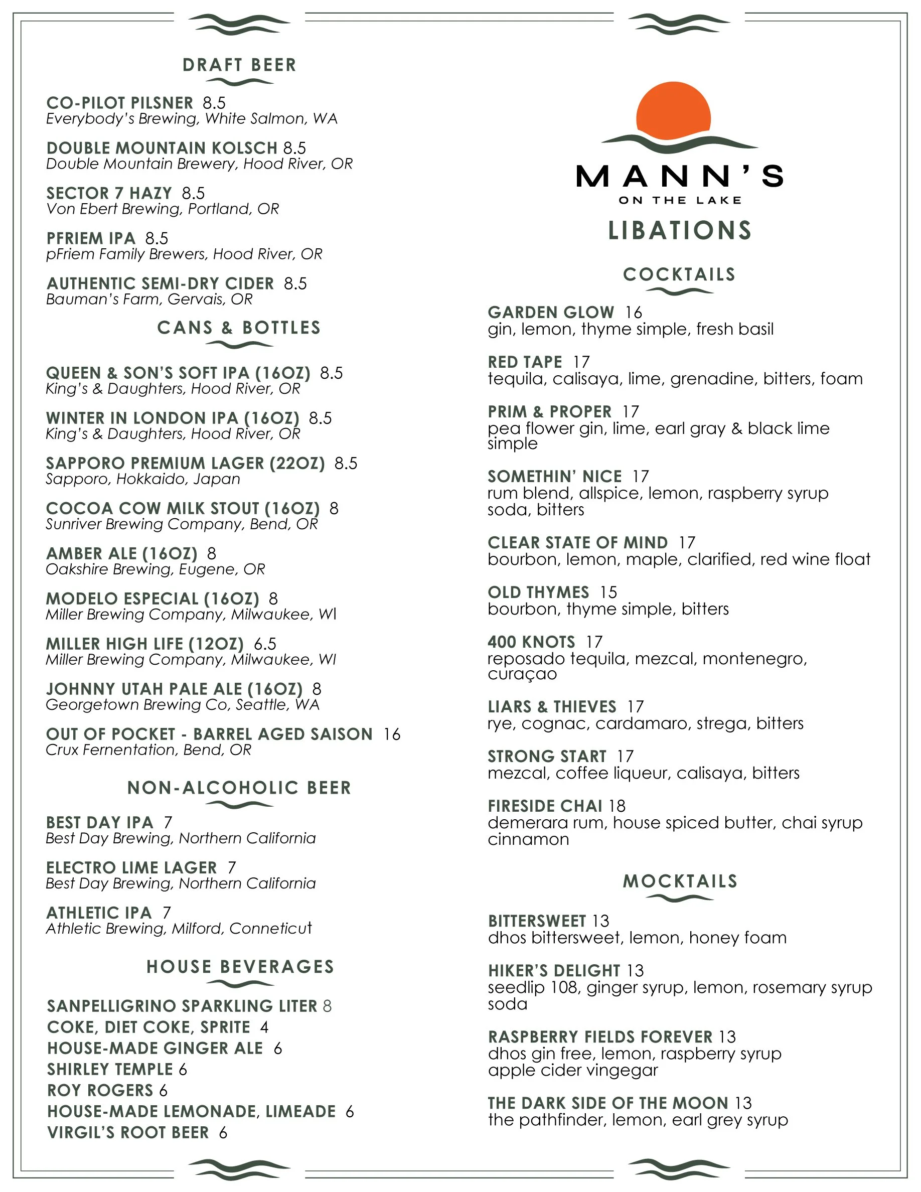 Menus — Mann's On The Lake