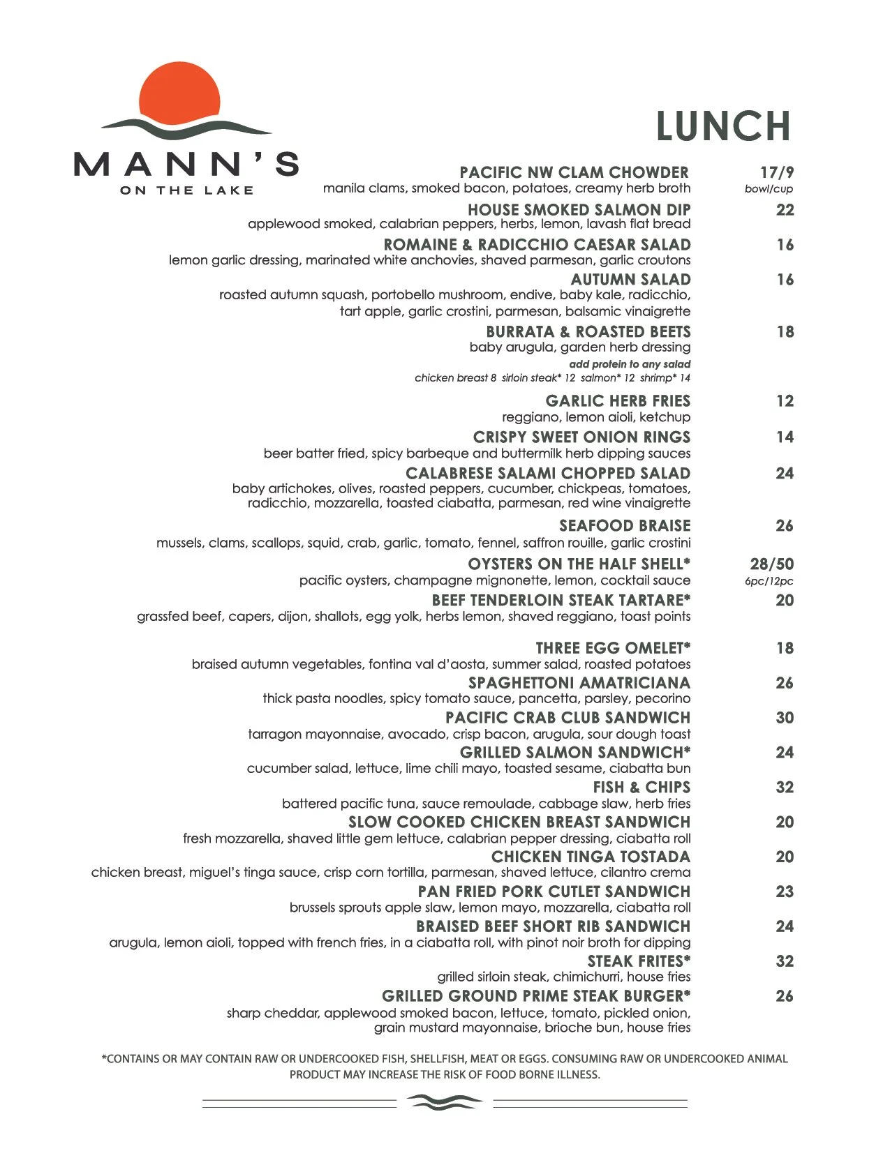 Menus — Mann's On The Lake