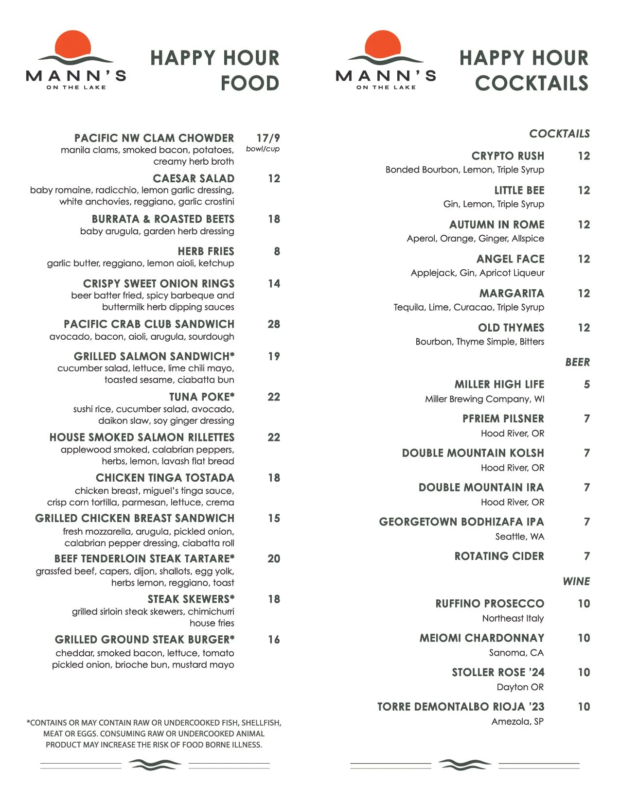 Menus — Mann's On The Lake