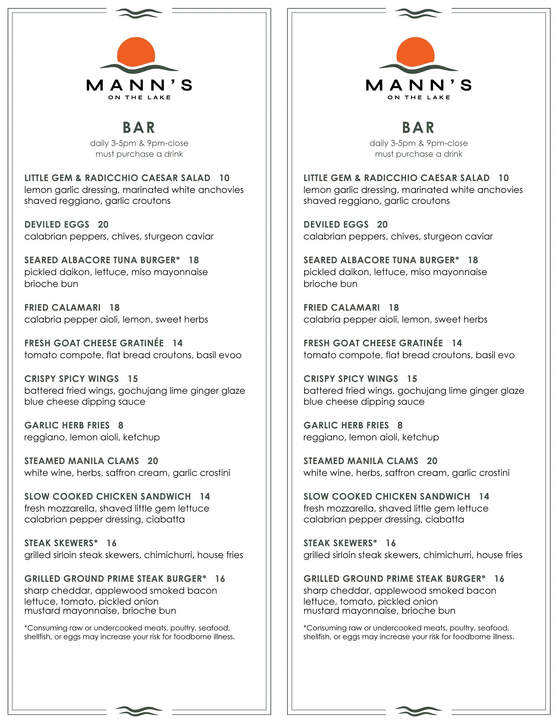 Menus — Mann's On The Lake