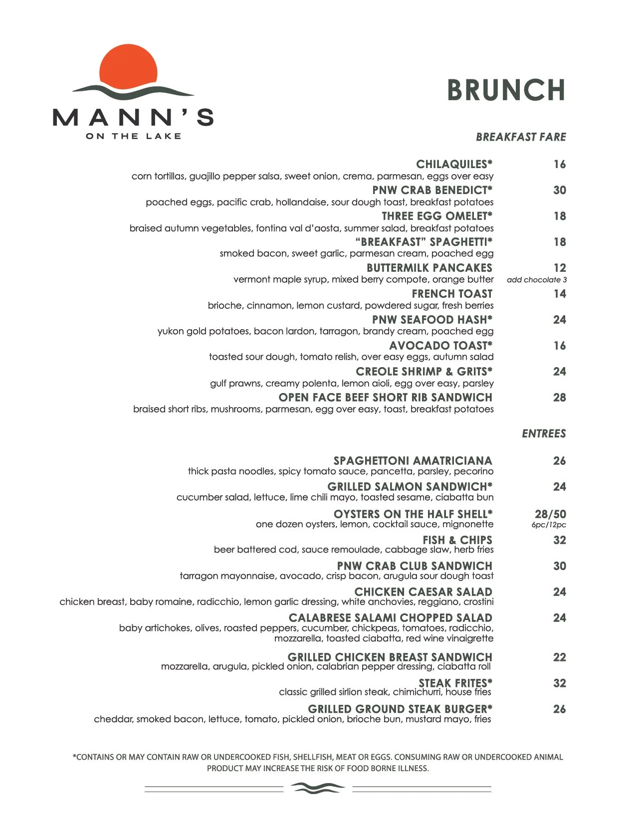 Menus — Mann's On The Lake