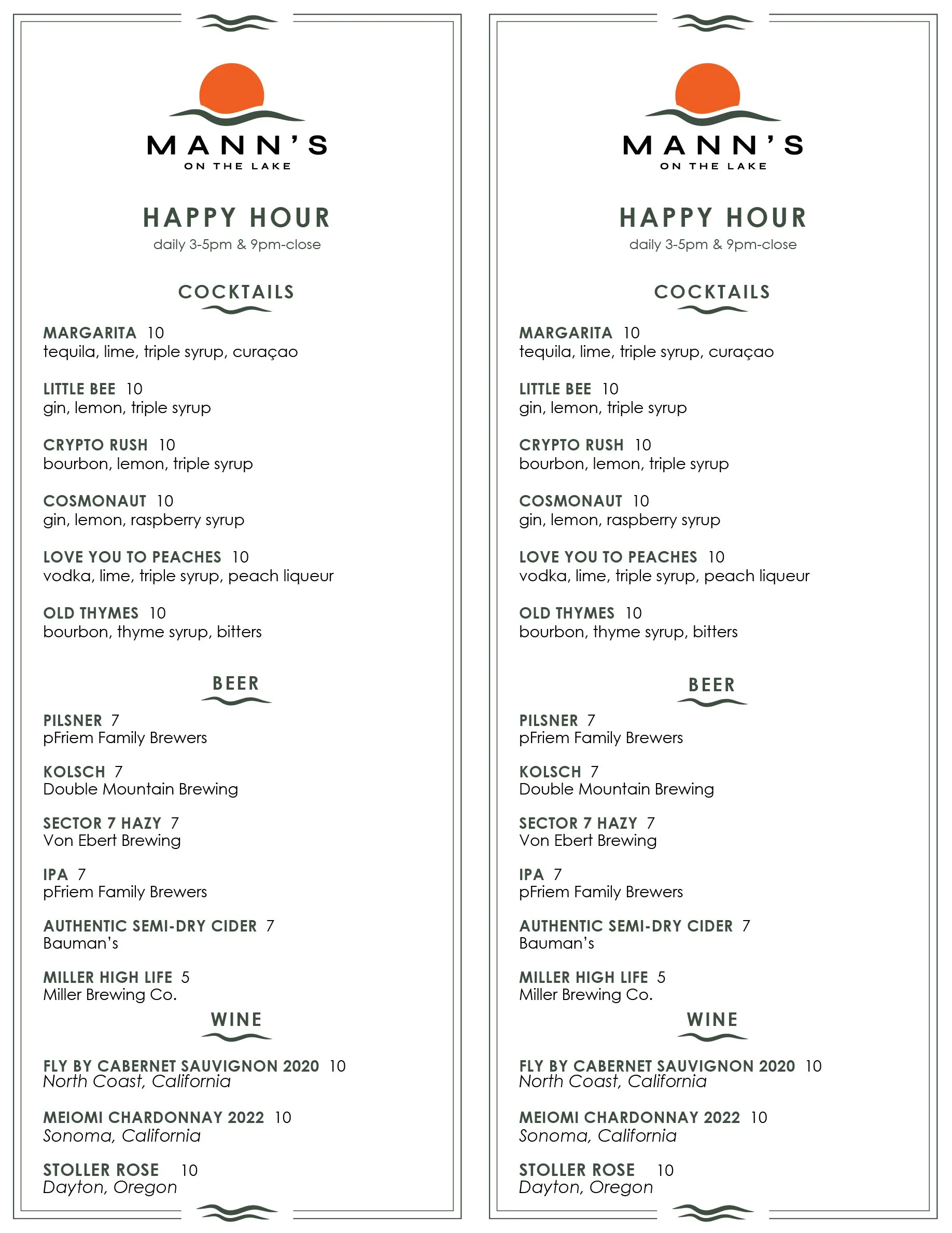 Menus — Mann's On The Lake