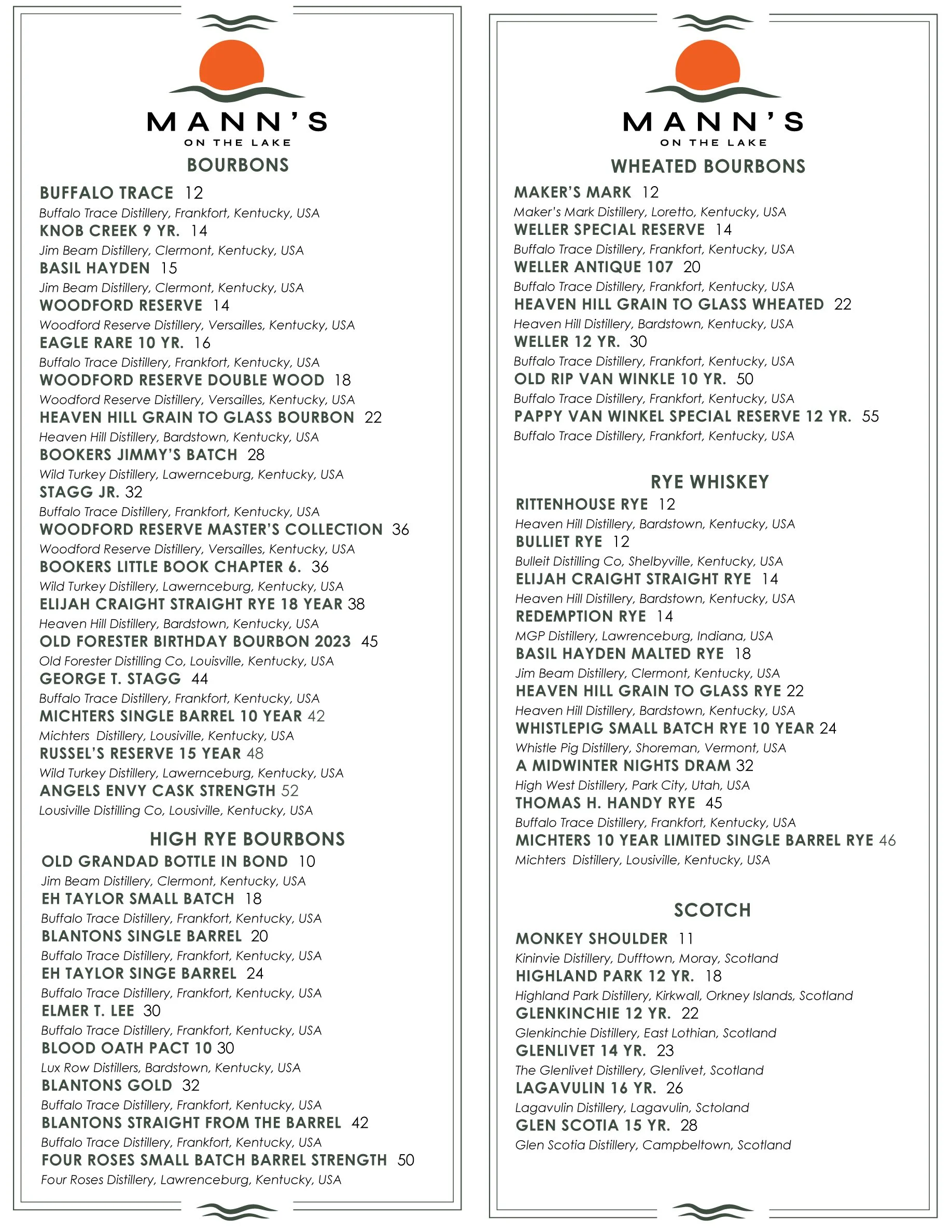 Menus — Mann's On The Lake