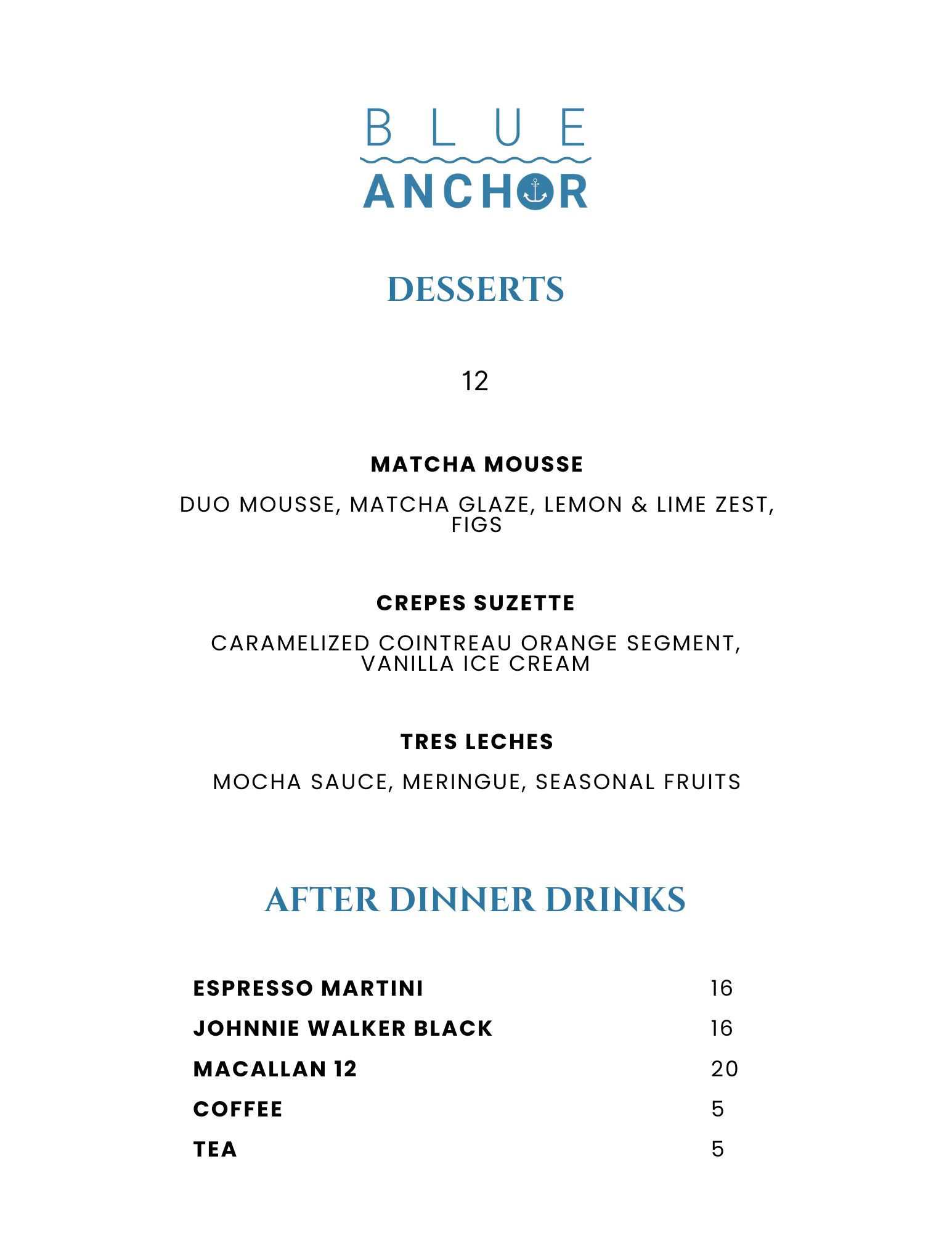 Menu — Blue Anchor
