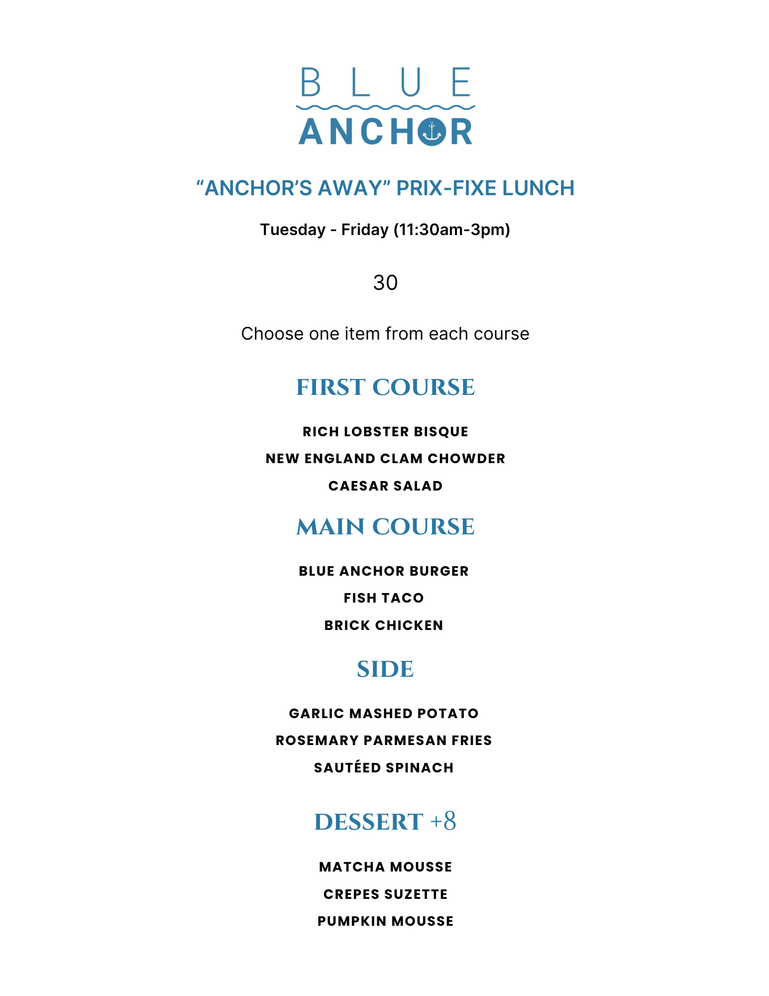 Menu — Blue Anchor