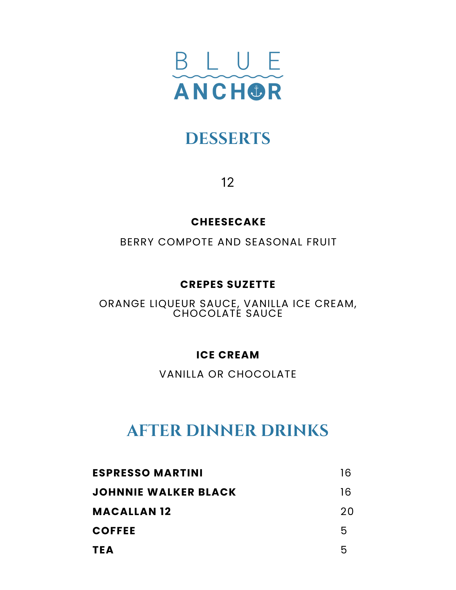 Menu — Blue Anchor
