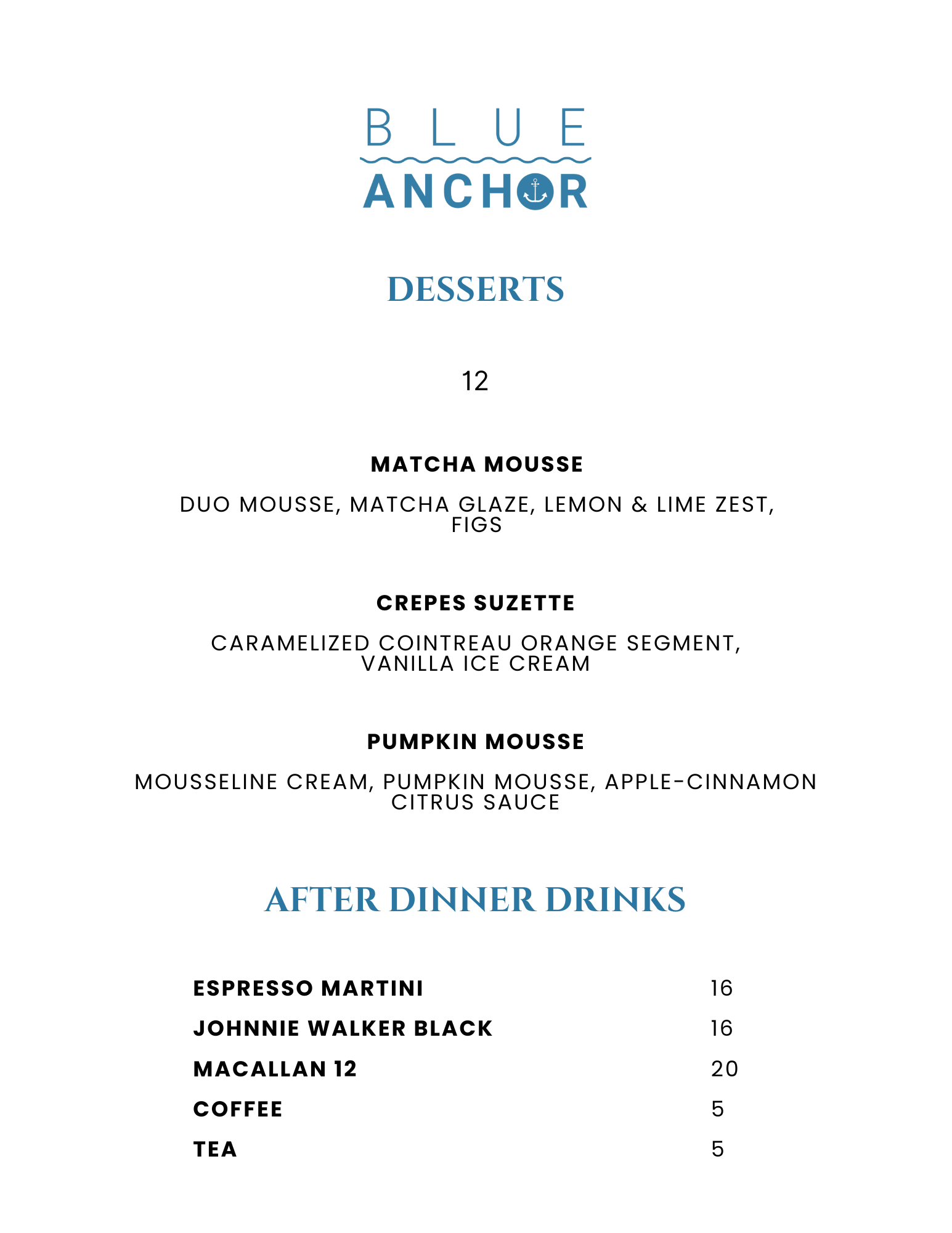 Menu — Blue Anchor