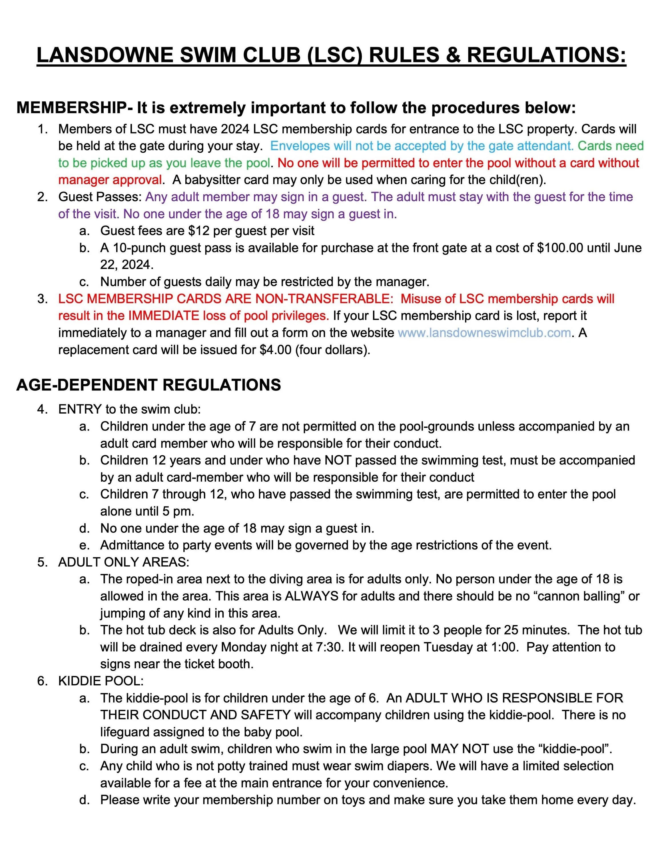 Rules and Regulations — LANSDOWNE SWIM CLUB