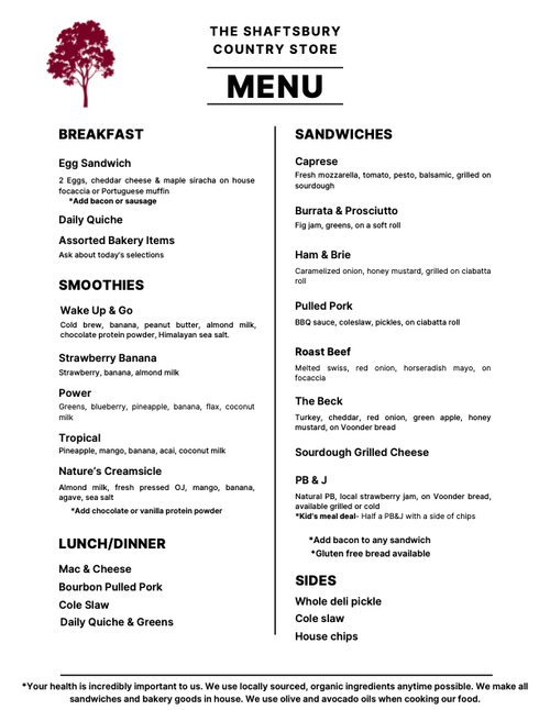 Menu | Shaftsbury Country Store | Vermont Breakfast, Lunch, To-go ...