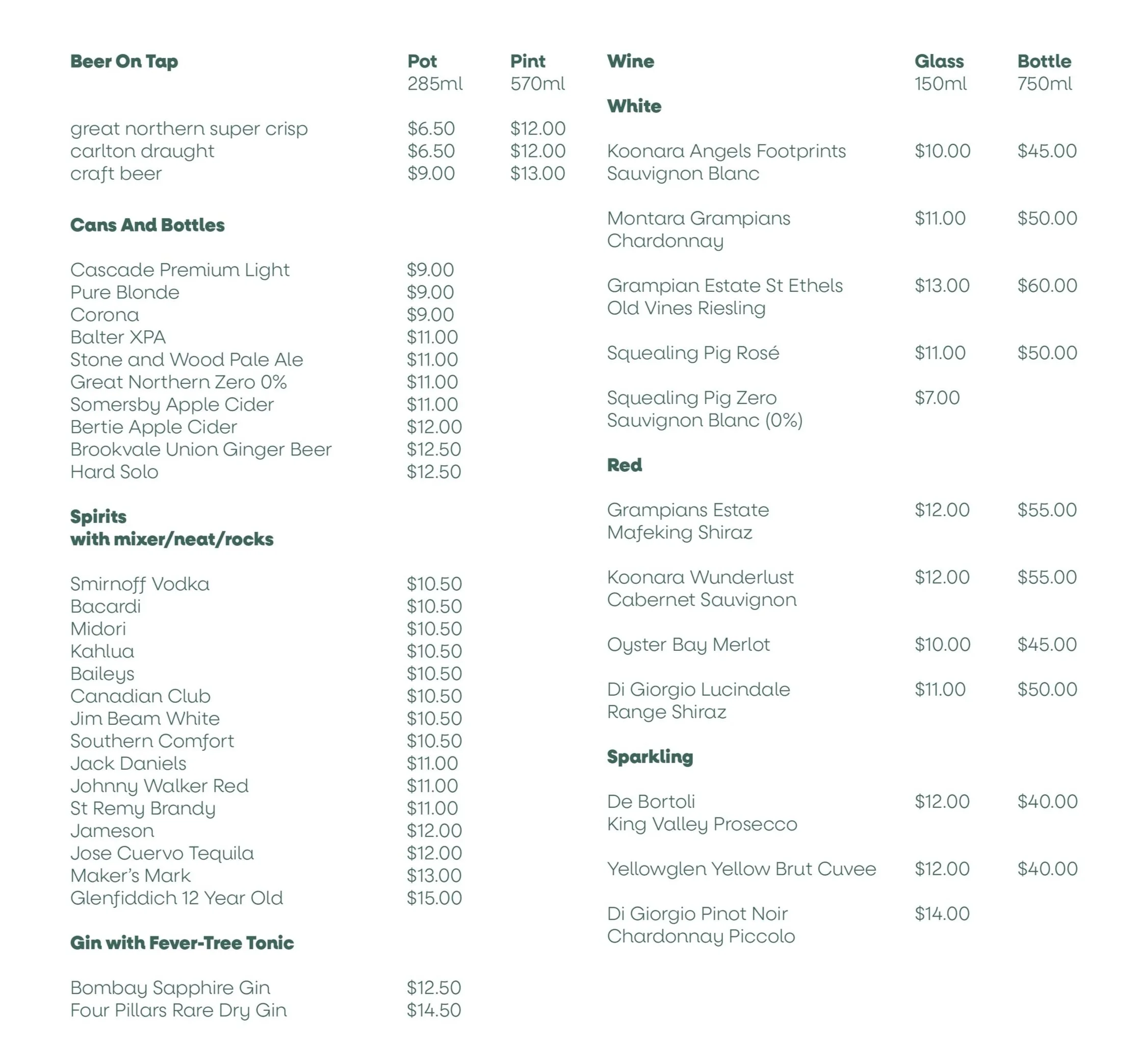 Menu — Thomson's Tavern