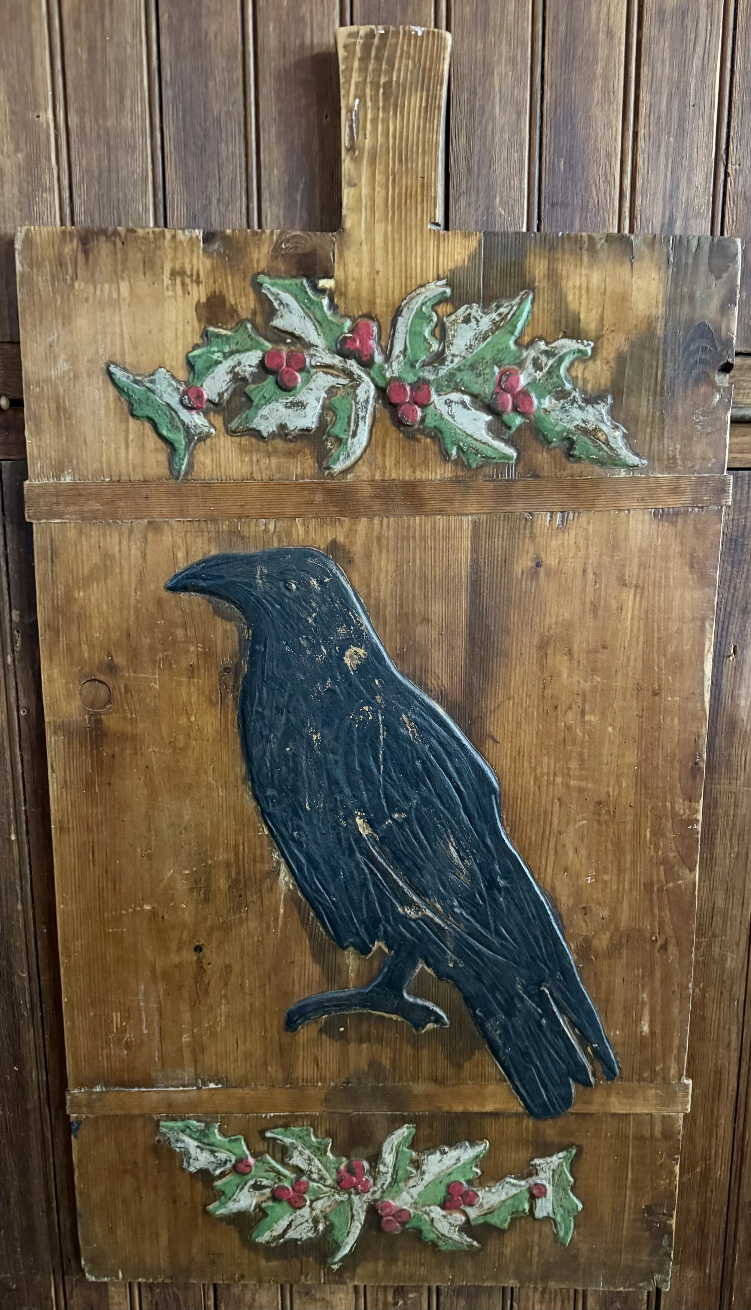 Original Wall Art. Amazing Crow and Holly on Large Old Cutting Board ...